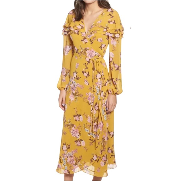 Wayf | Dresses | Wayf Mariah Maxi Wrap Dress Yellow Floral Long Sleeve ...